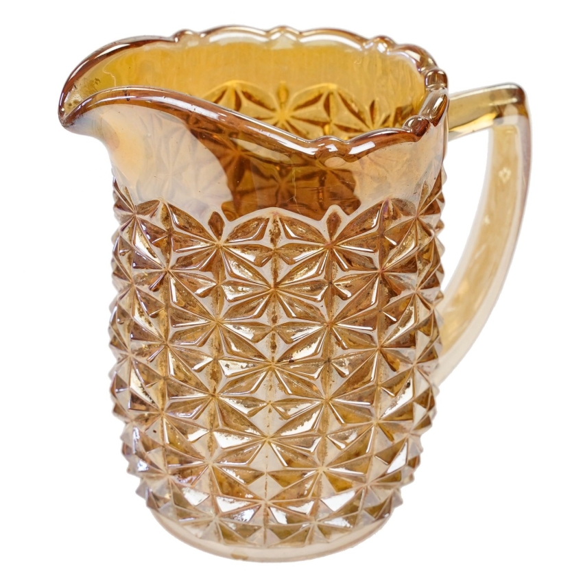 CARNIVAL GLASS IRYZOWANY MLECZNIK DZBANUSZEK Z BOGATYMI TŁOCZENIAMI ...
